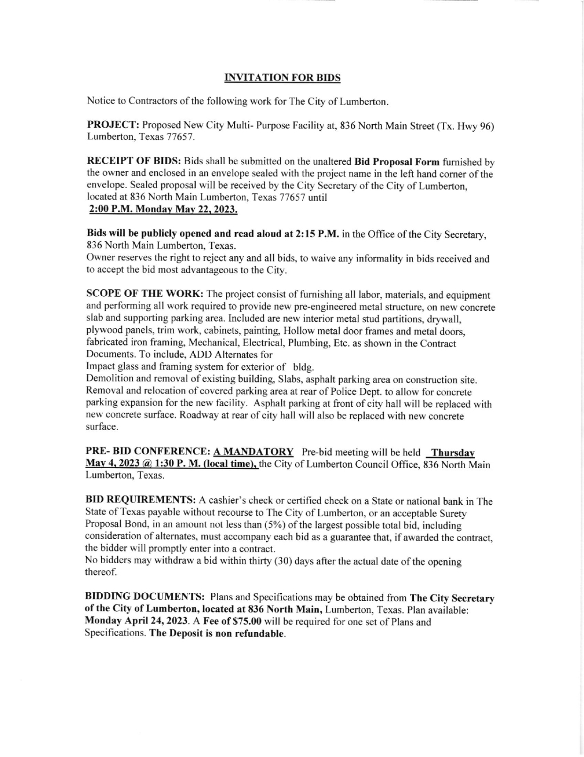 Invitation for Bids - City of Lumberton, Texas