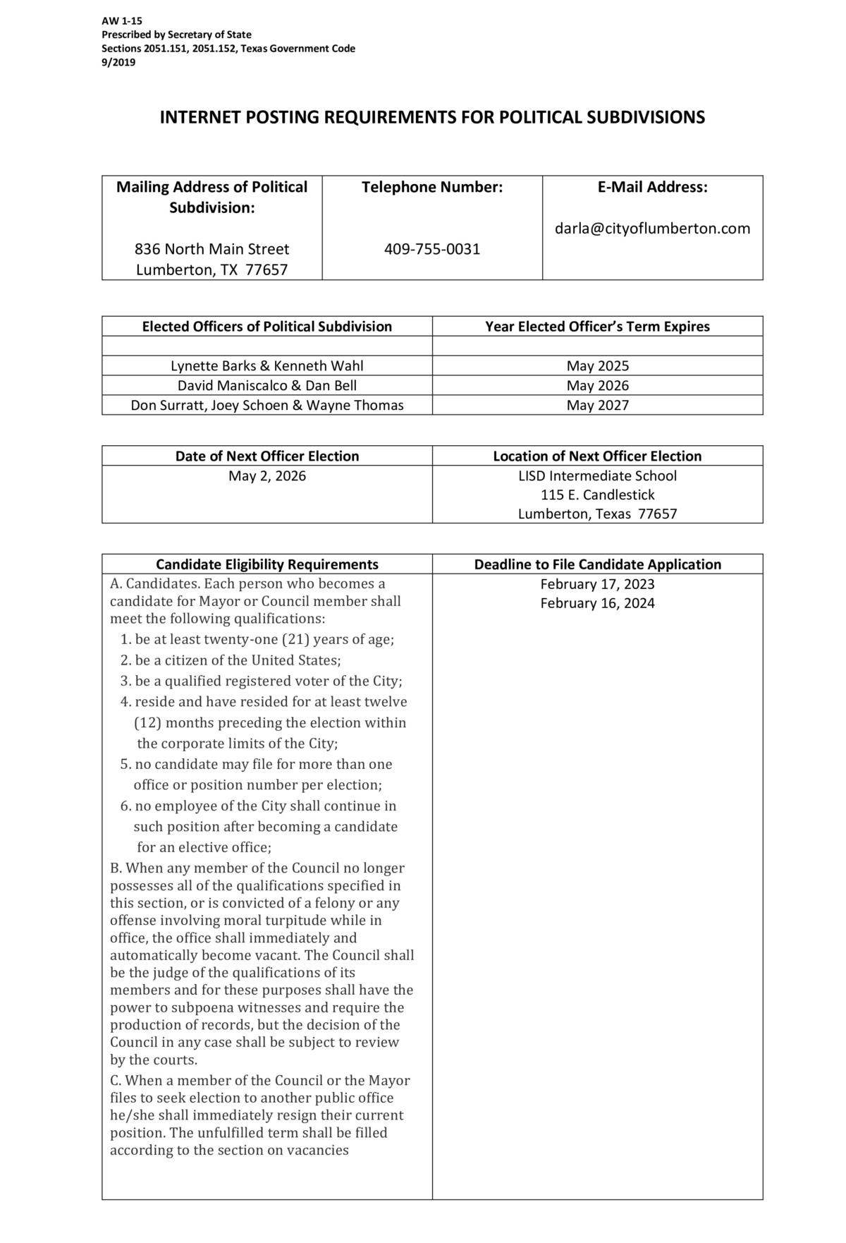 Internet Posting Requirements 2025-27 - City of Lumberton, Texas